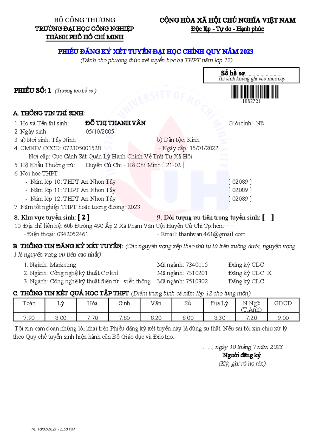 1082721 Ho So XHB - jkbh - PHIẾU ĐĂNG KÝ XÉT TUYỂN ĐẠI HỌC CHÍNH QUY ...
