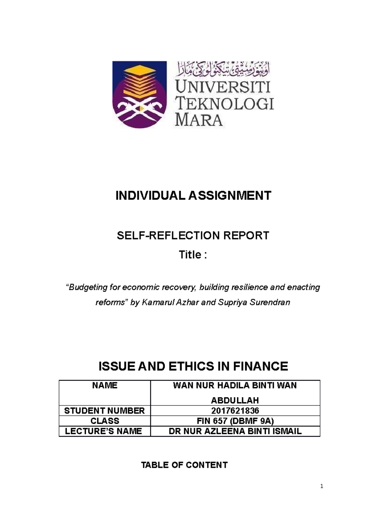 SELF Reflection Report 2 - INDIVIDUAL ASSIGNMENT SELF-REFLECTION REPORT ...