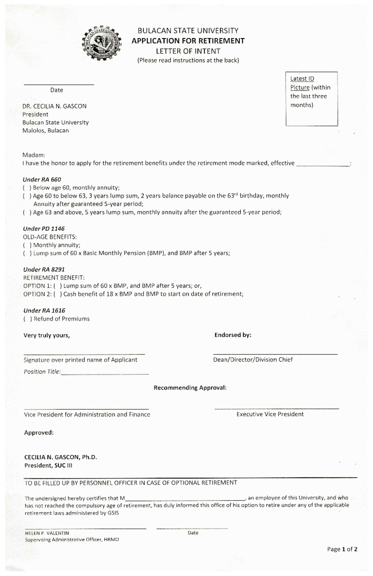 Application FOR Retirement Letter OF Intent - STATE UNIVERSITY BULACAN ...