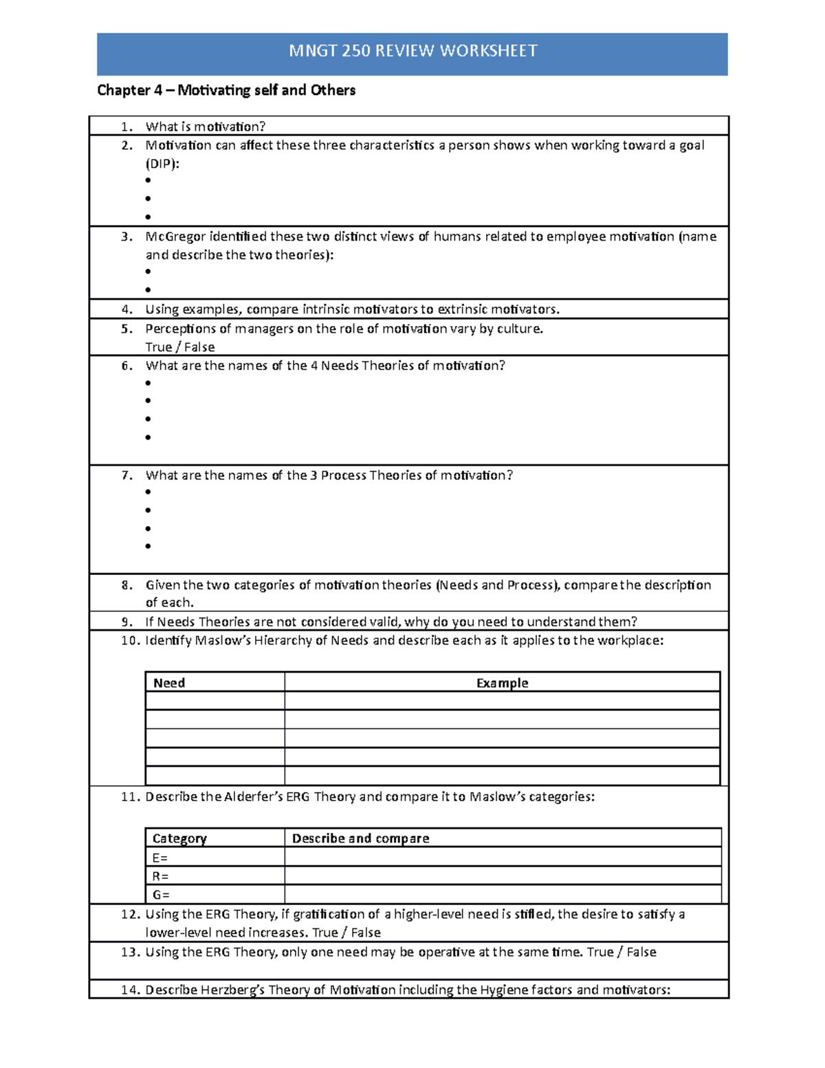 Chap 4 Student Worksheet - MNGT 250 REVIEW WORKSHEET Chapter 4 ...