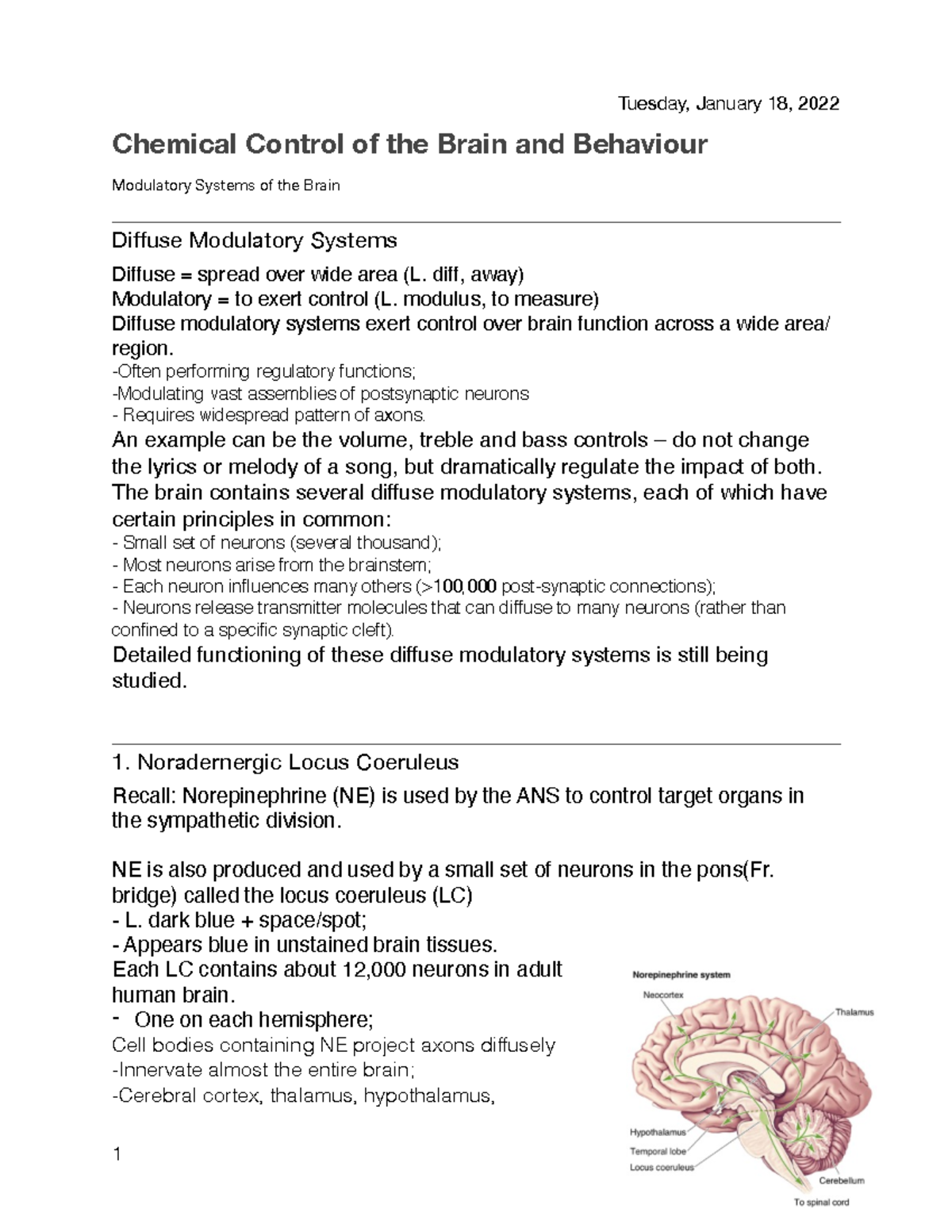 Lecture 2 3207 - Chemical Control of the Brain and Behaviour Modulatory ...