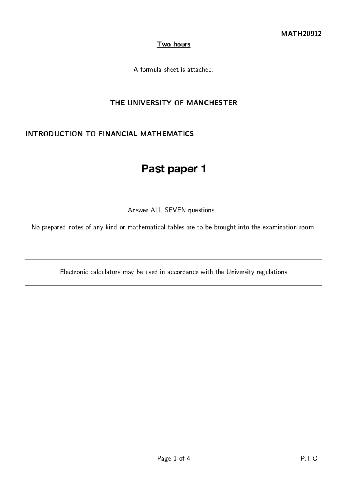 MATH20912 Past paper 1 - Two hours A formula sheet is attached. THE ...