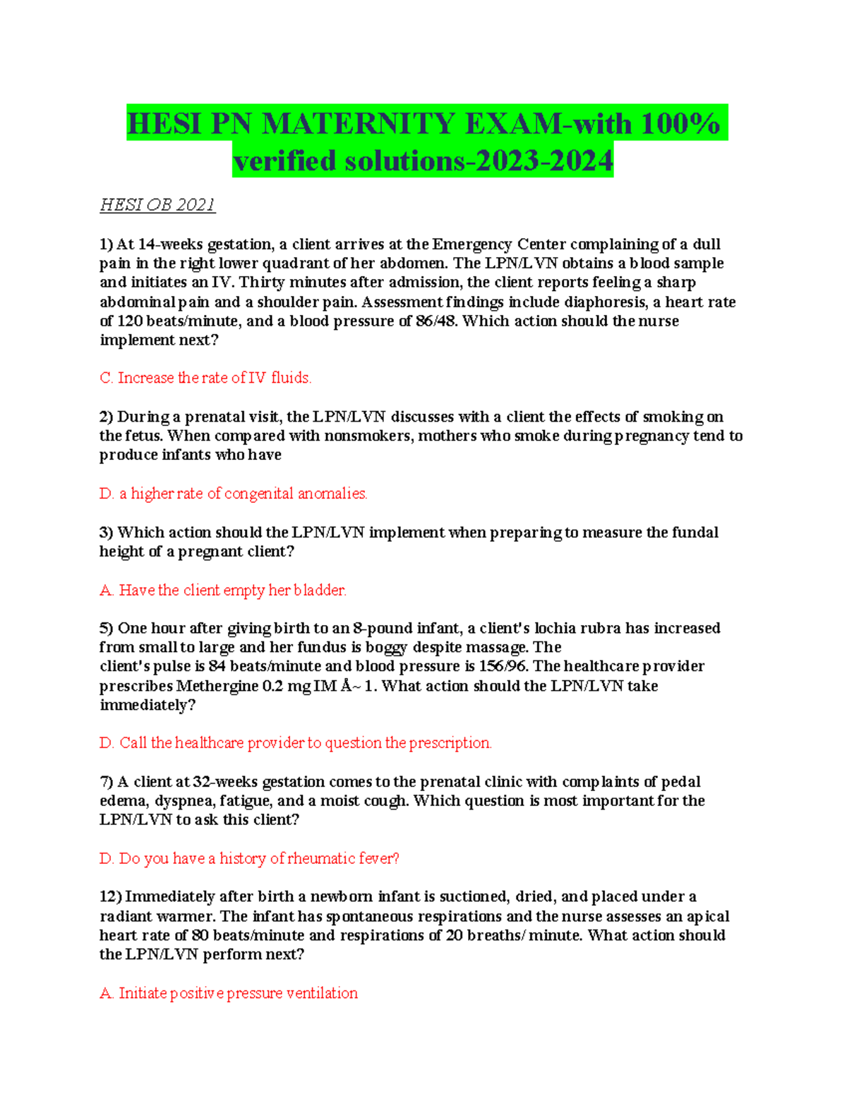 HESI PN Maternity EXAM-with 100% verified solutions-2023-2024 - HESI PN ...