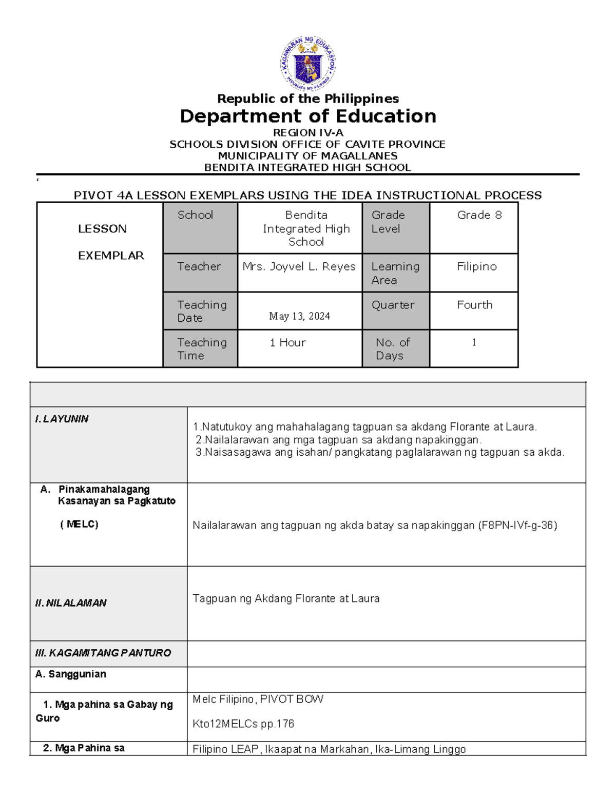 COT2 Filipino V3 - Lesson Plan for Class Observation - Department of ...