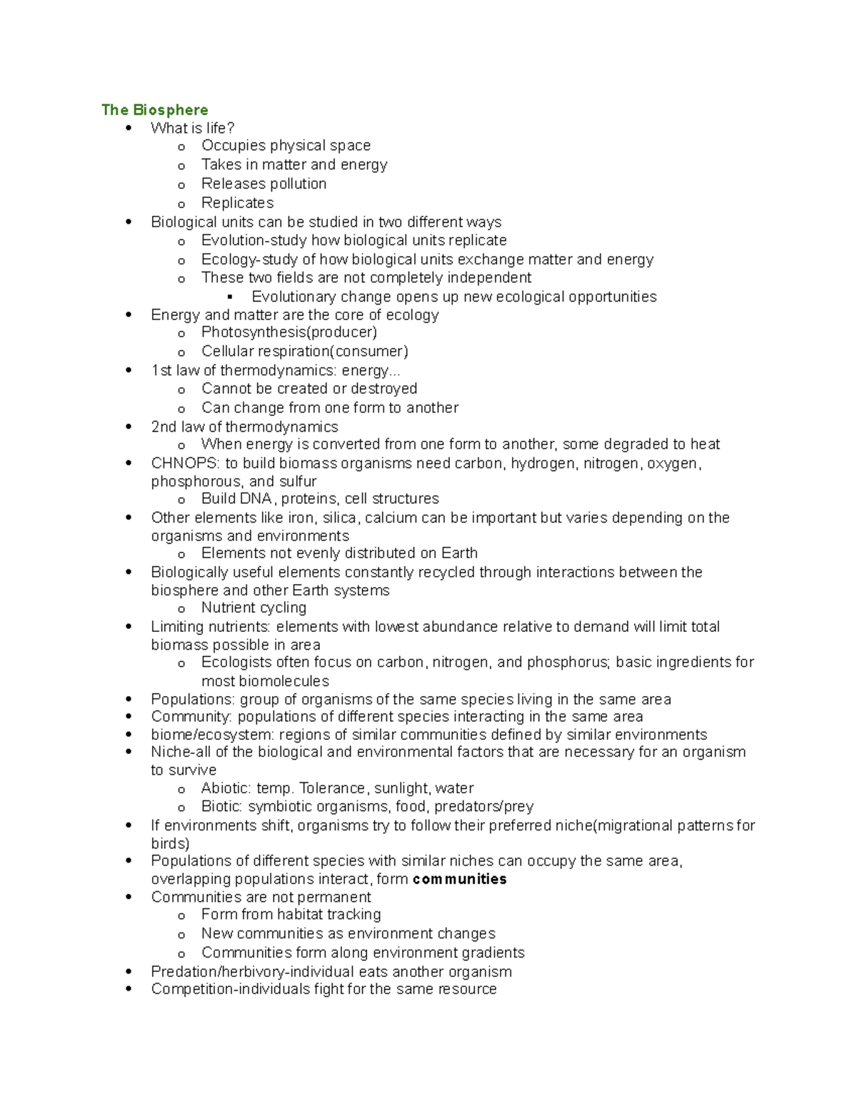 Lect Notes 7 - Earth System Science - The Biosphere What is life? o ...