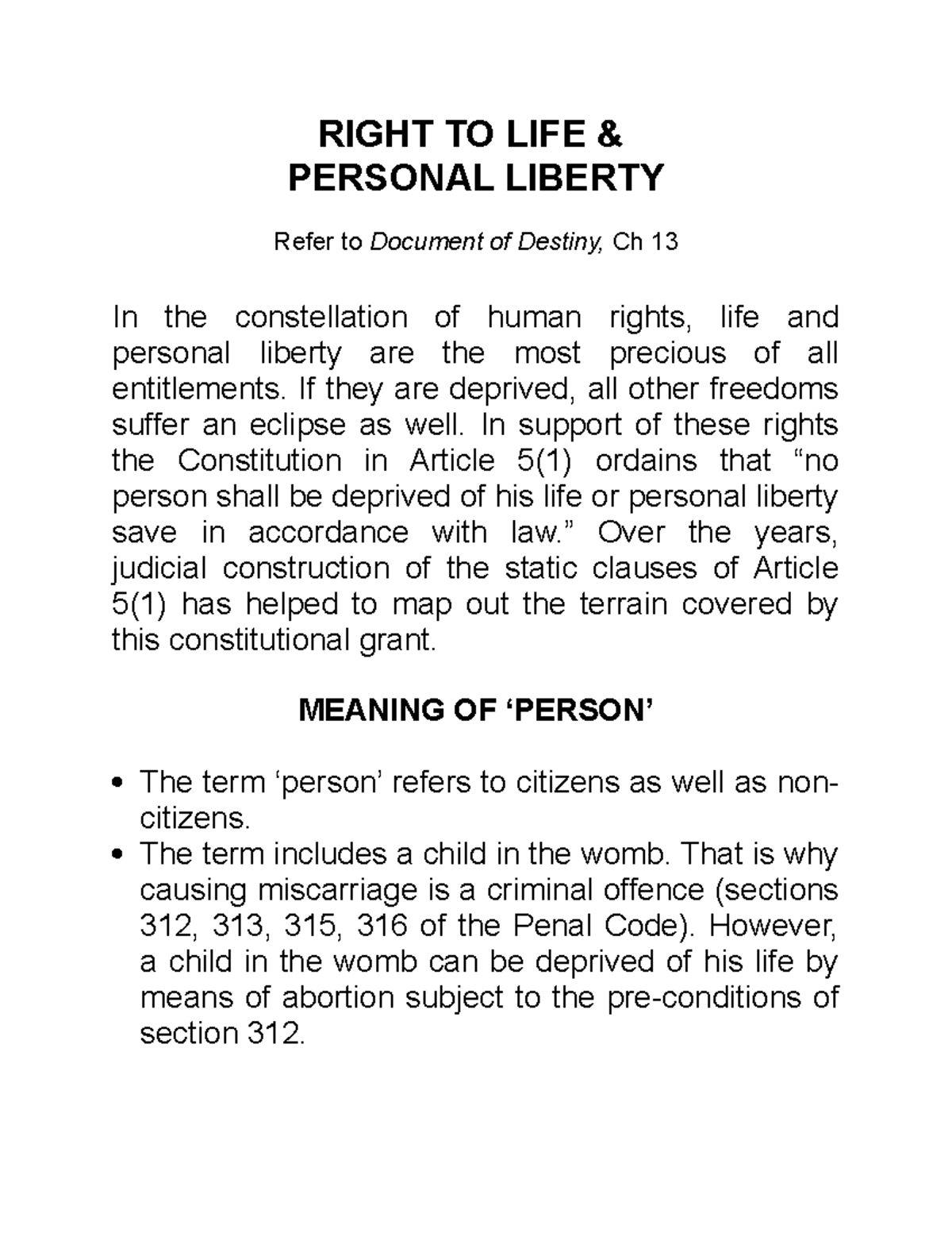 Right To Life - class version - RIGHT TO LIFE PERSONAL LIBERTY Refer to ...