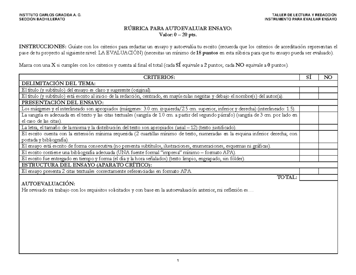 Rúbrica para evaluar un ensayo a través de aspectos específicos para ...