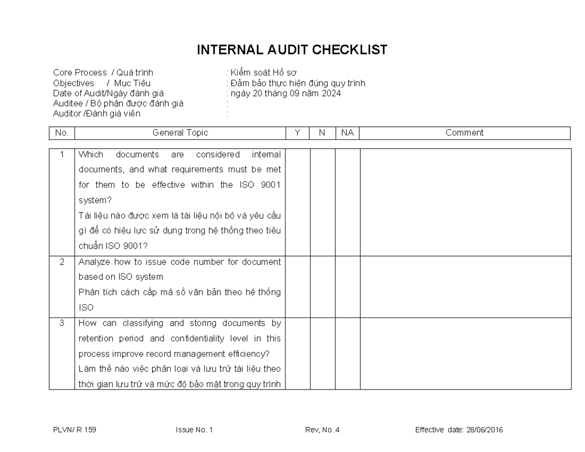 Internal Audit Checklist - Group 7 - ADC07 - Core Process / Quá trình ...