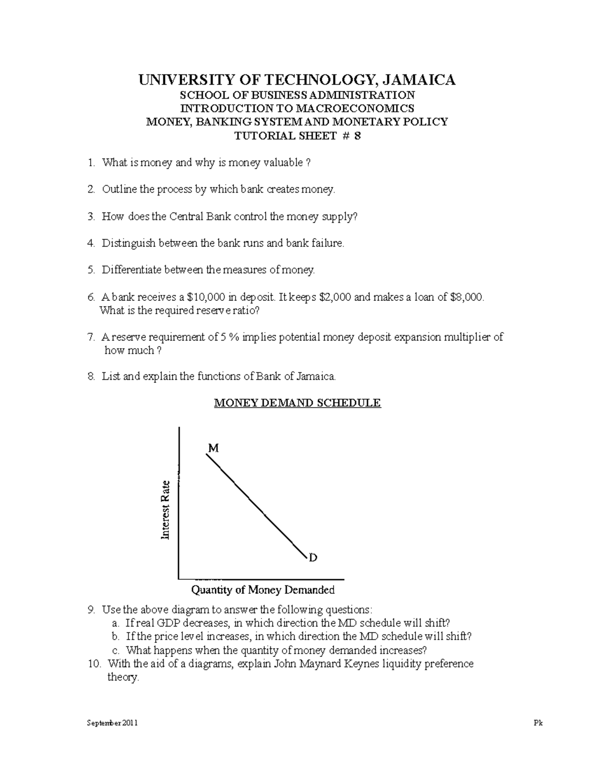 Tutorial Sheet 8 - UNIVERSITY OF TECHNOLOGY, JAMAICA SCHOOL OF BUSINESS ...