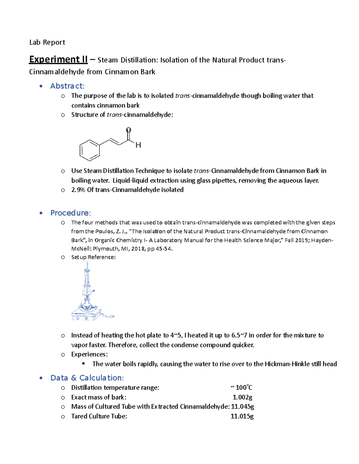 Lab Report - Lab Report Experiment II – Steam Distillation: Isolation ...
