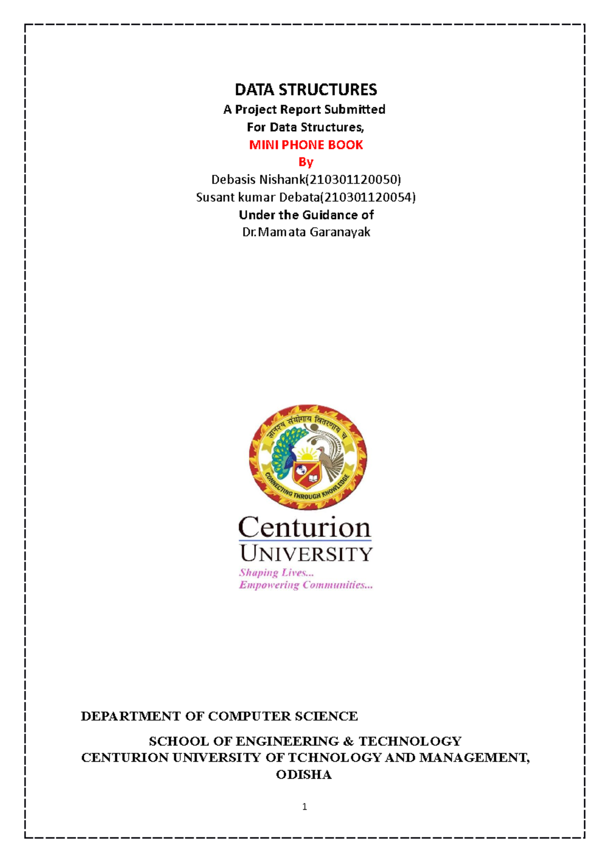 Dsa Cutm Data Structures A Project Report Submitted For Data Structures Mini Phone Book By