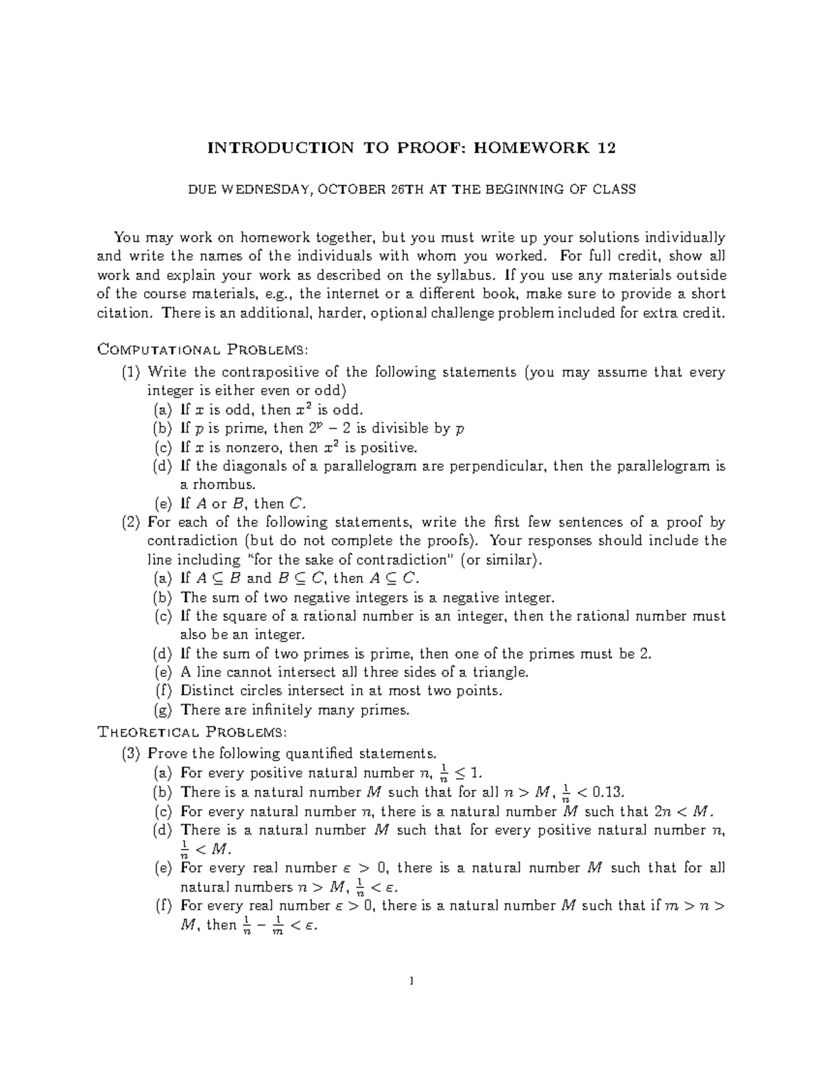 Homework 12 - INTRODUCTION TO PROOF: HOMEWORK 12 DUE WEDNESDAY, OCTOBER ...