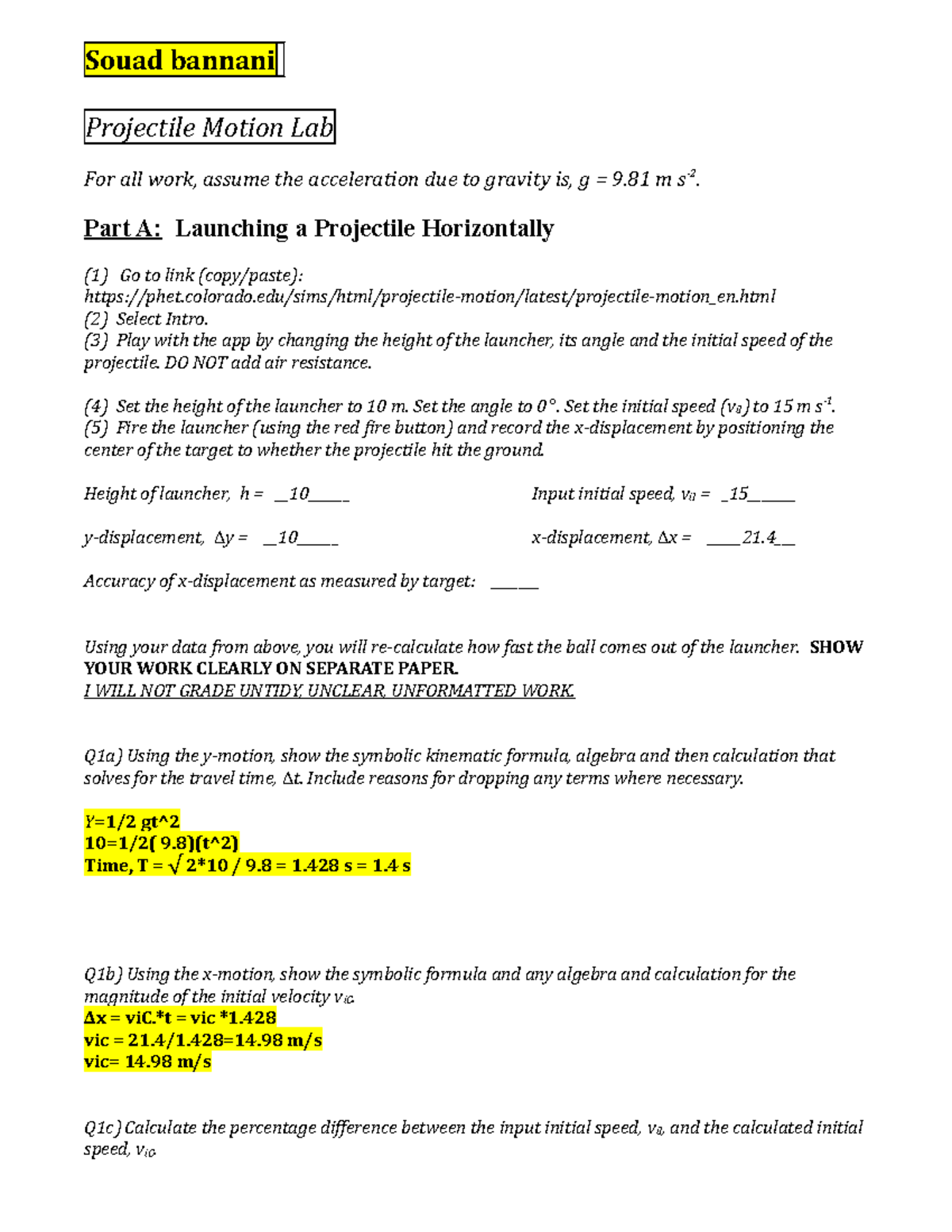 Projectile Motion Phet solved - Souad bannani Projectile Motion Lab For ...