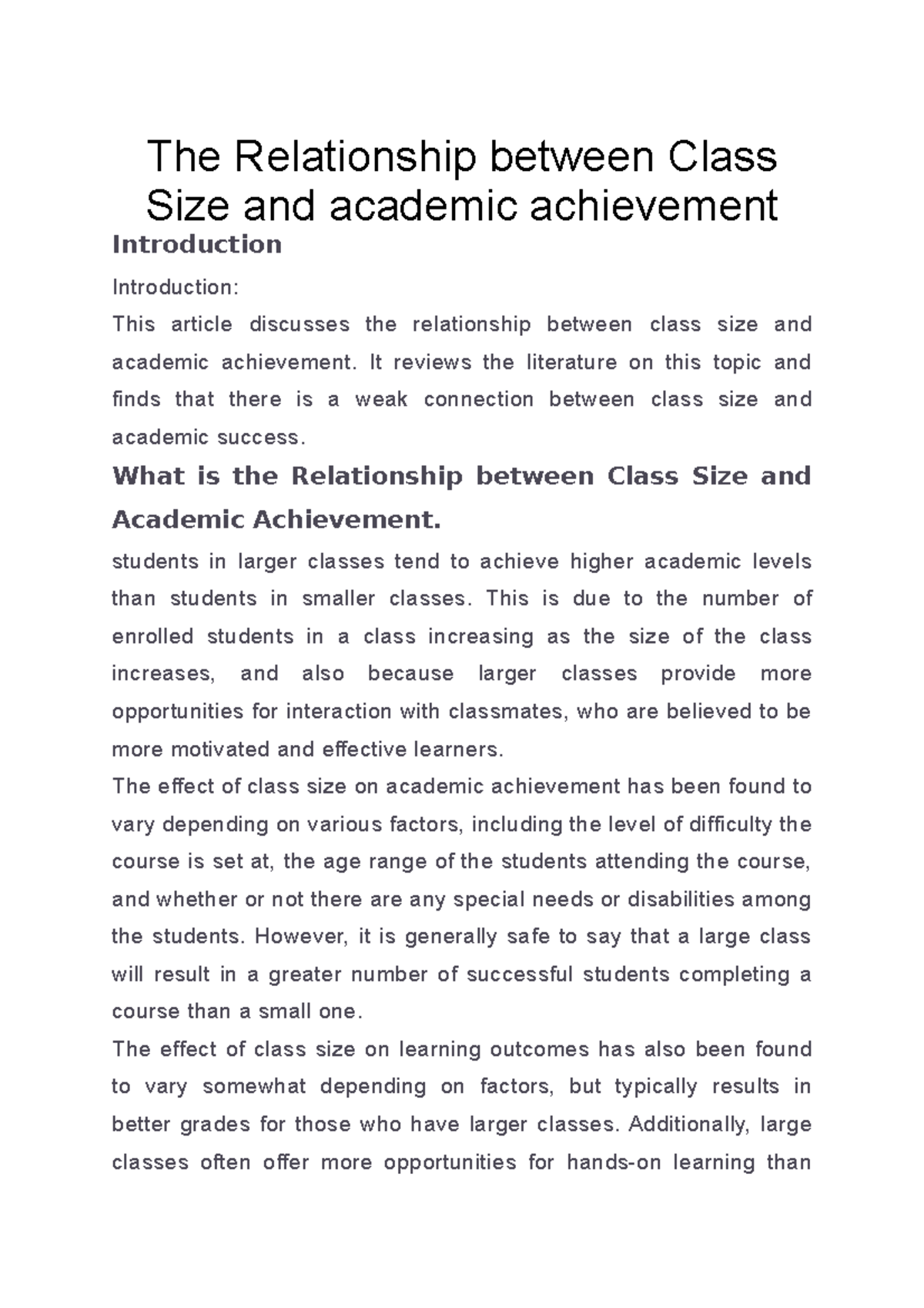 The Relationship between Class Size and academic achievement - It ...