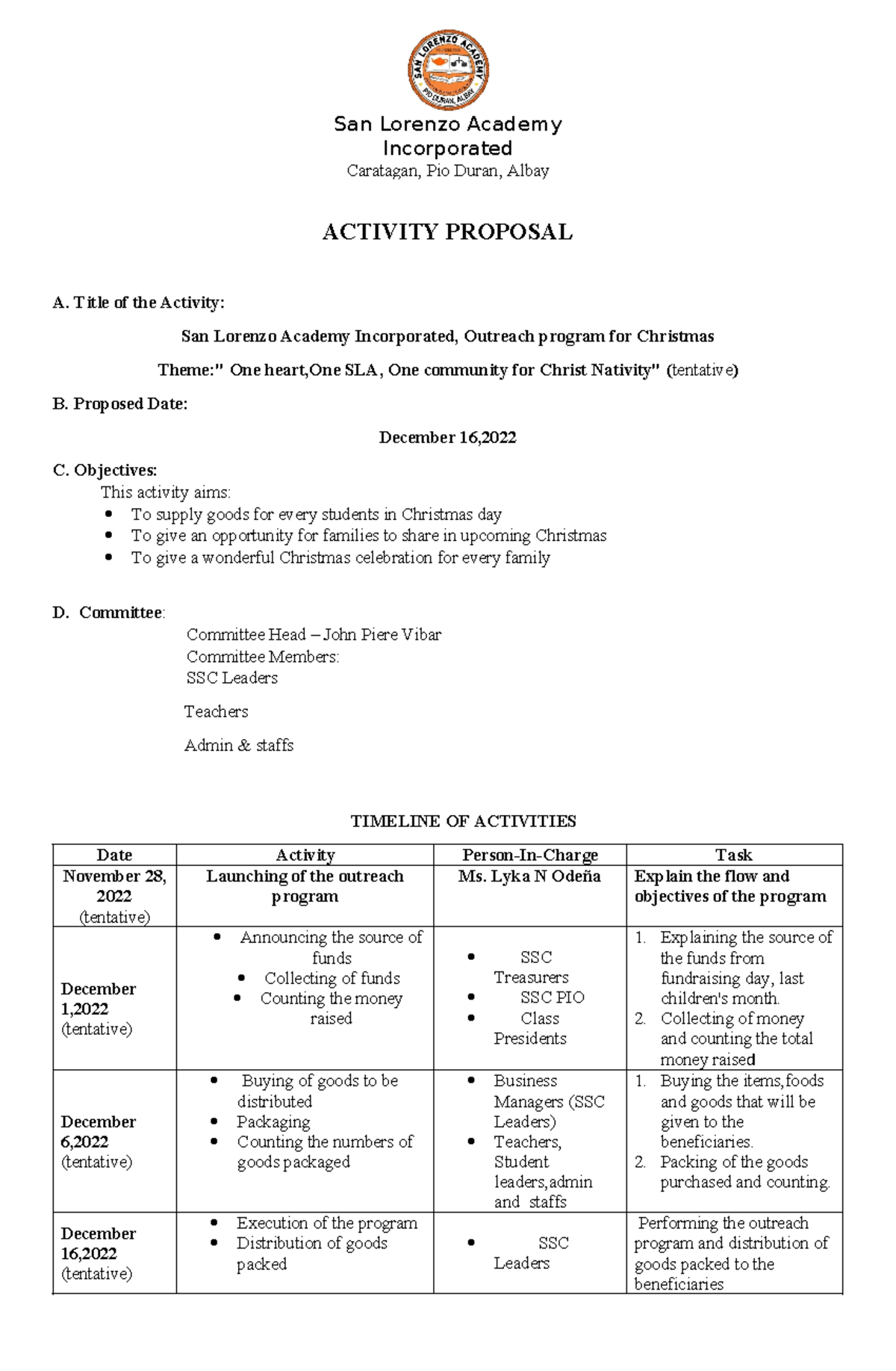 Share 'outreach program proposal - ACTIVITY PROPOSAL A. Title of the ...