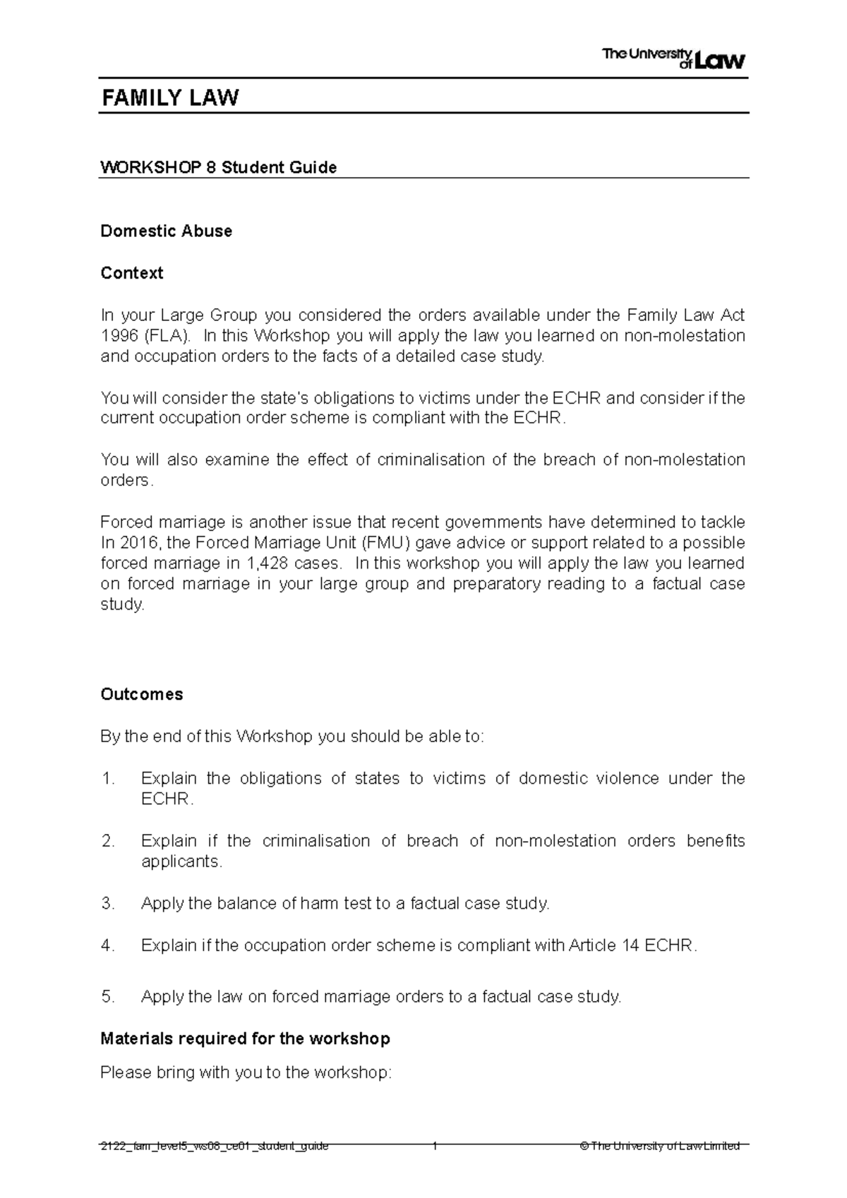 FAM WK8 WS Domestic Abuse - FAMILY LAW WORKSHOP 8 Student Guide ...