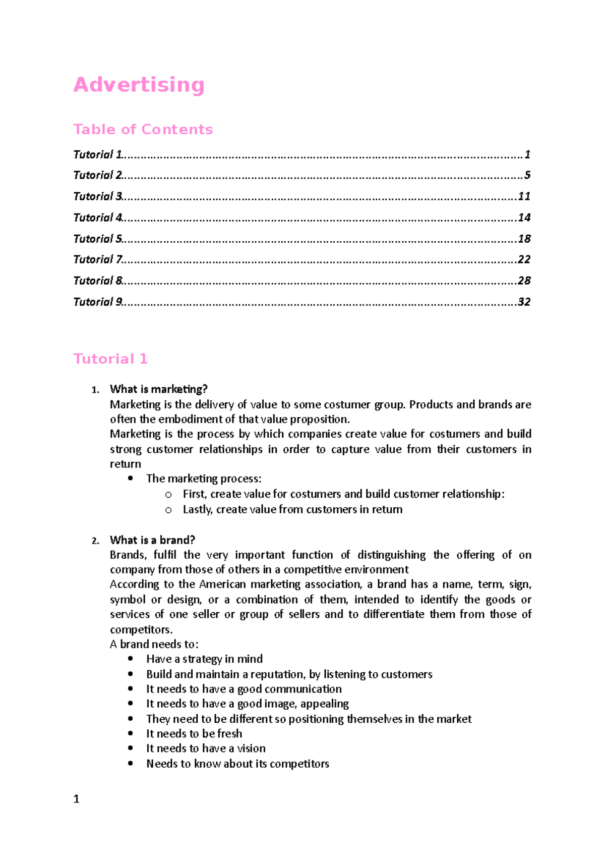 Advertising notes - Advertising Table of Contents Tutorial - Studocu