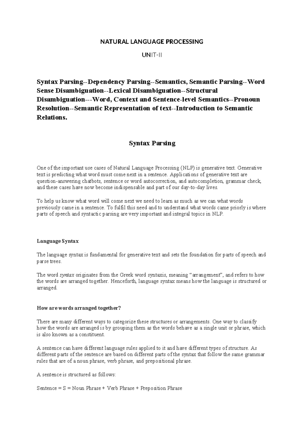 UNIT 2 Notes - NATURAL LANGUAGE PROCESSING UNIT-II Syntax Parsing ...