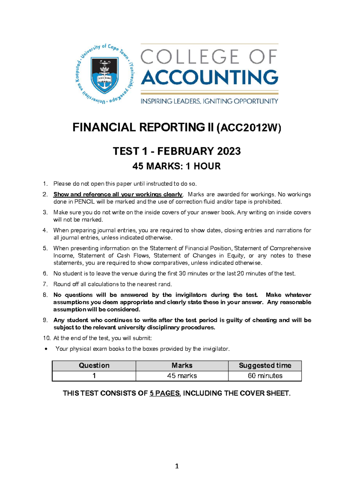 ACC2012 W Test 1 2023 Question Paper - FINANCIAL REPORTING II (ACC2012W ...