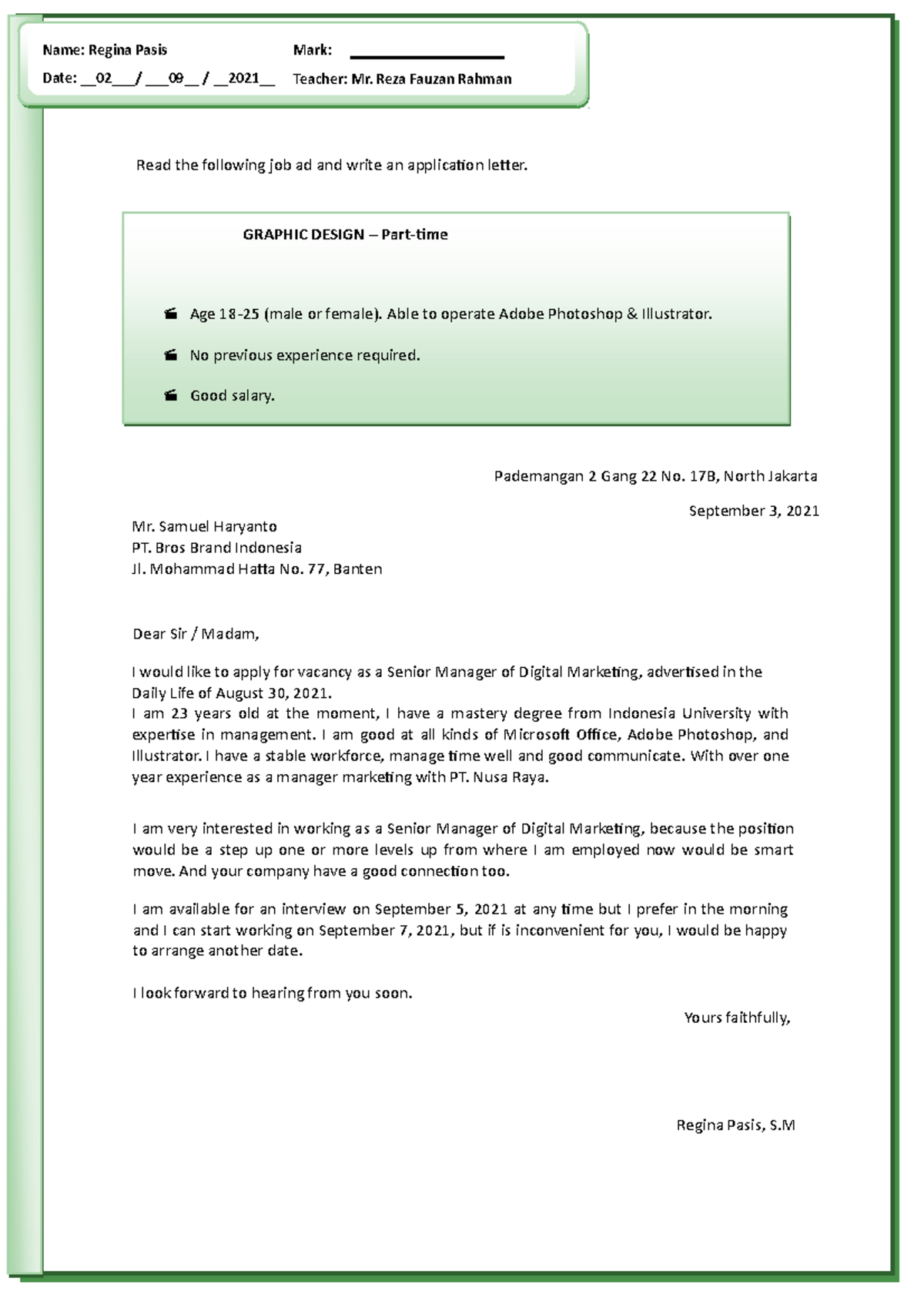Application Letter Writing FORM - Read the following job ad and write ...