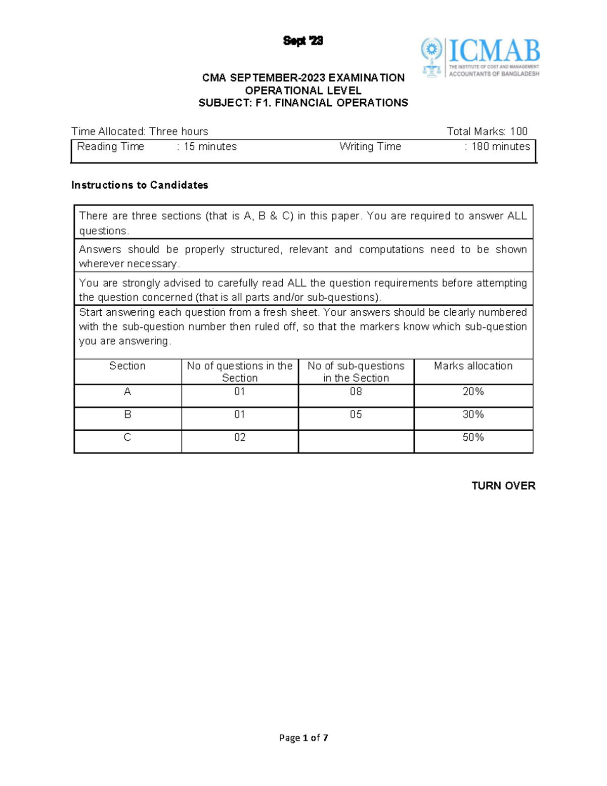 2023-09 Icmab OL F1 YQ Sep 2023 - CMA SEPTEMBER-2023 EXAMINATION ...