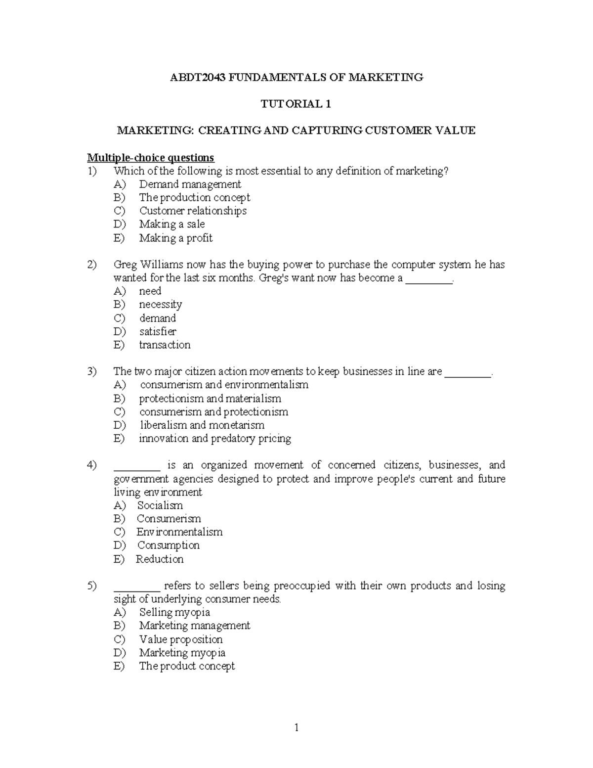 Tutorial Questions - ABDT2043 FUNDAMENTALS OF MARKETING TUTORIAL 1 ...