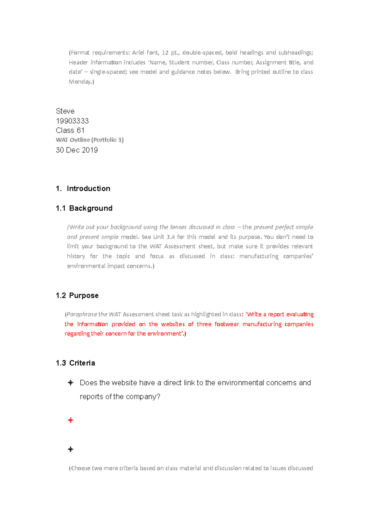 Outline template with notes - (Format requirements: Ariel font, 12 pt ...