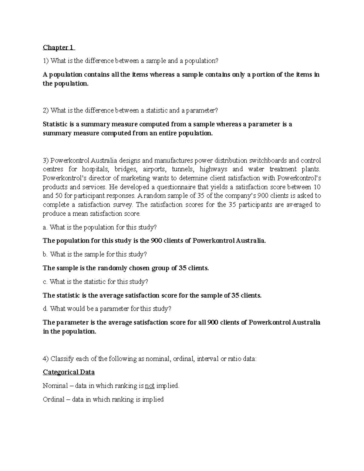Statistics Tutorial Chapter 1 & 2 - Chapter 1 1) What is the difference between a sample and a ...
