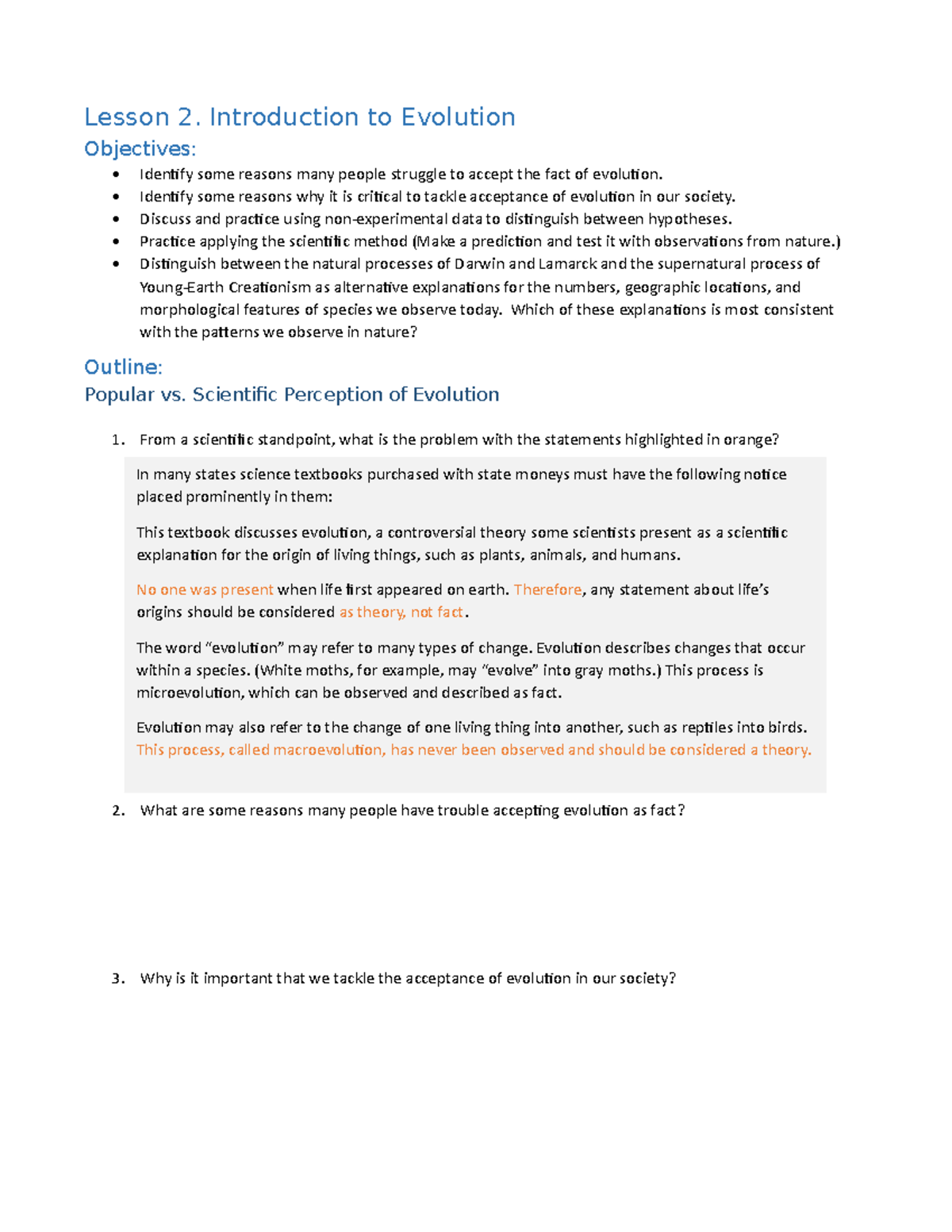 Evolution+Lecture+Outlines+Lessons+2-10 - Lesson 2. Introduction to Evolution Objectives ...