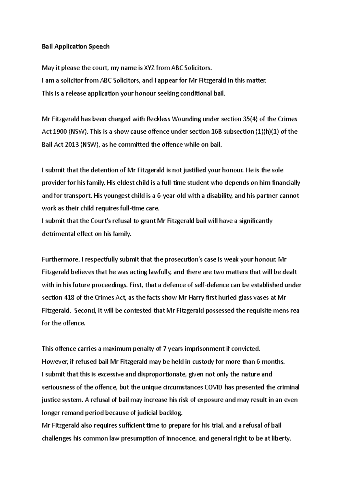 Bail Application Assignment - Bail Application Speech May it please the ...