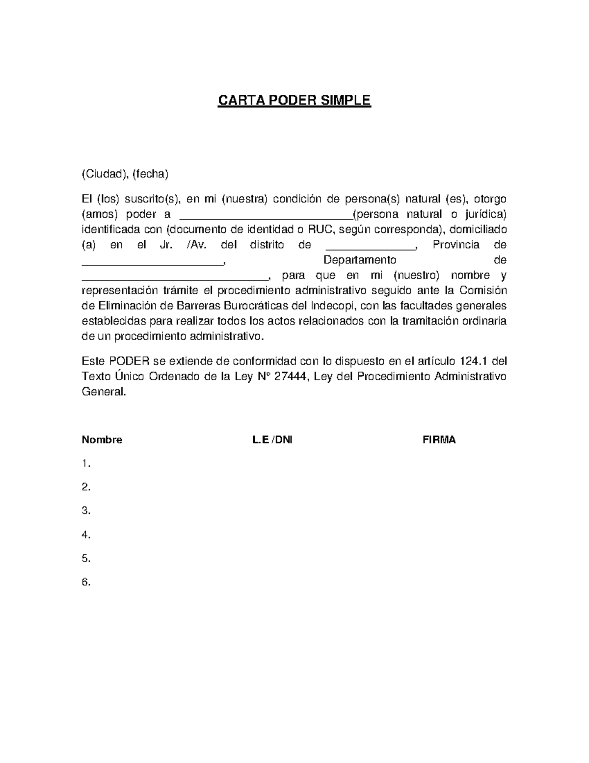 Carta poder simple - CARTA PODER SIMPLE (Ciudad), (fecha) El (los ...