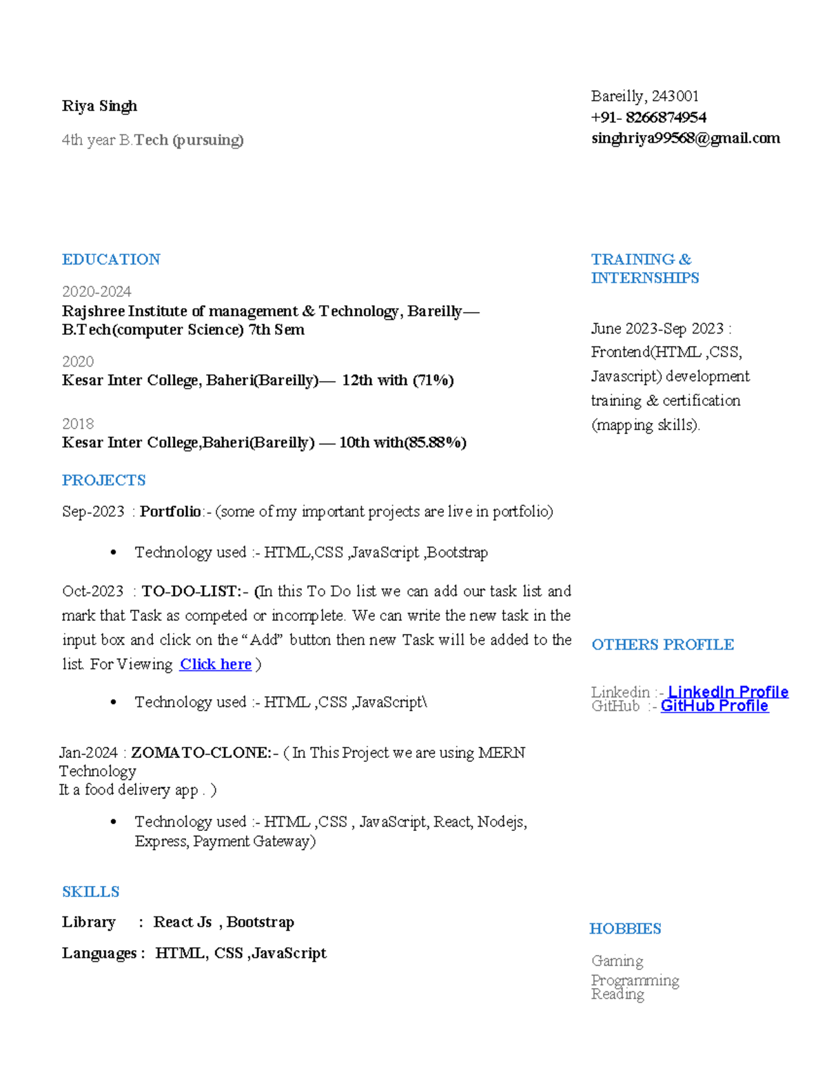 Res-riya - Vvggg hhh bhhhhh - Riya Singh 4th year B (pursuing) Bareilly ...