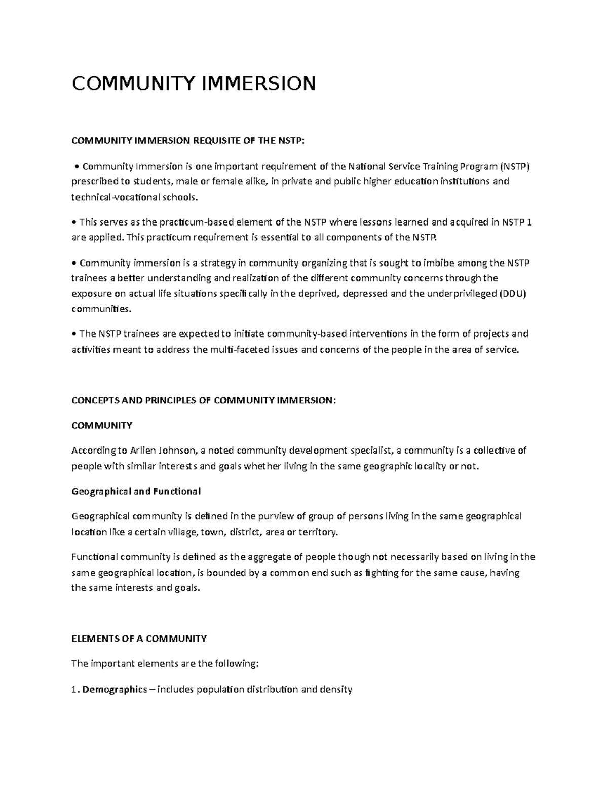 Community Immersion - Lecture notes 1 - Civic Welfare Training Service ...