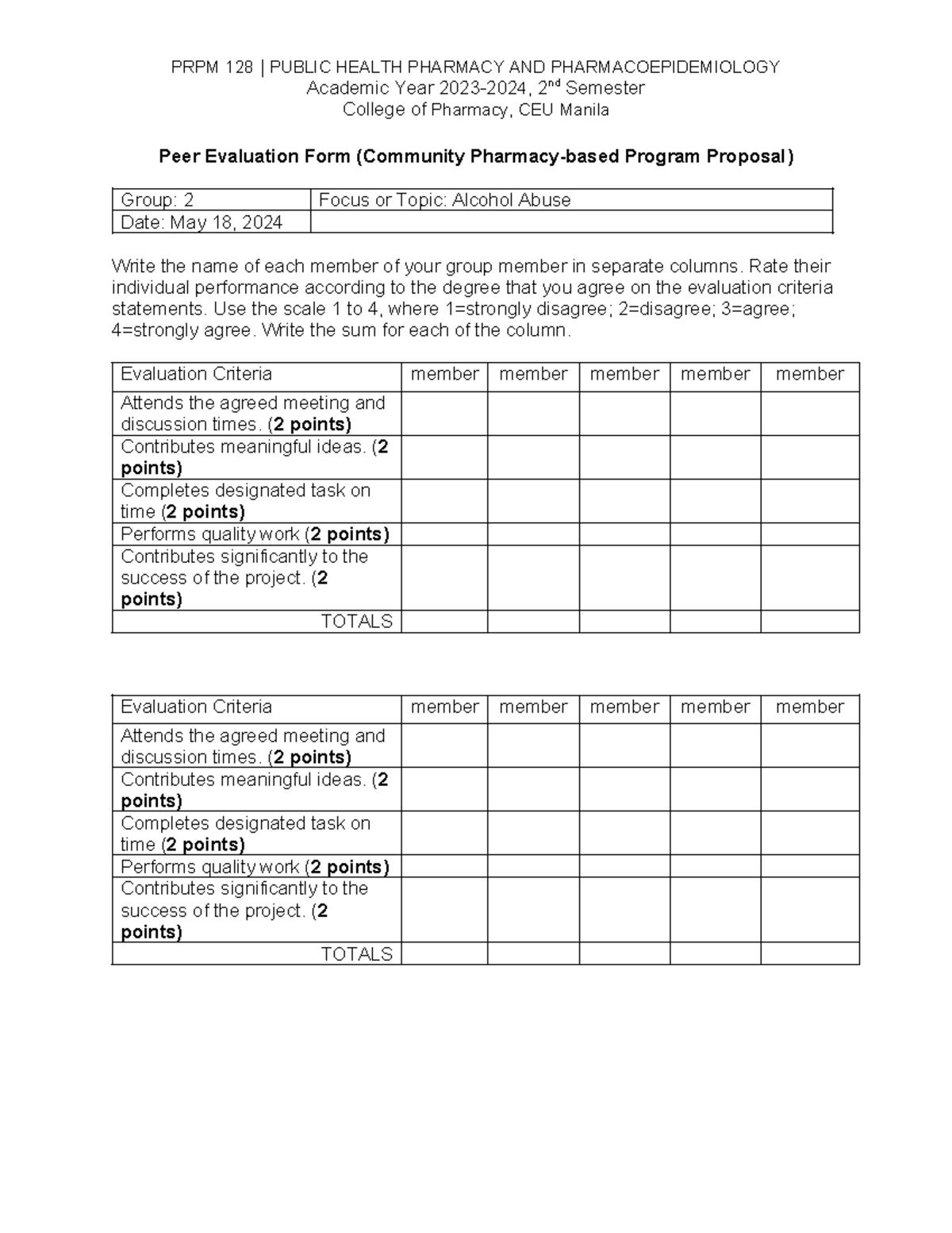 PRPM 128 Group Peer Evaluation 1 - PRPM 128 | PUBLIC HEALTH PHARMACY ...