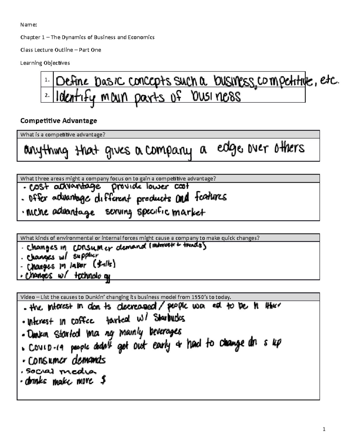 Chapter 1 notes part 1 - Name: Chapter 1 – The Dynamics of Business and ...