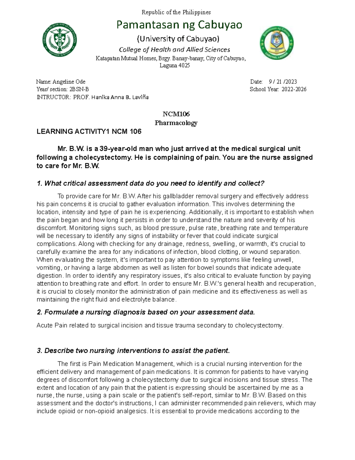 Ode Angeline NCM106 Pharma-prelim ACT-1-2BSN B 1st-SEM - Republic of ...