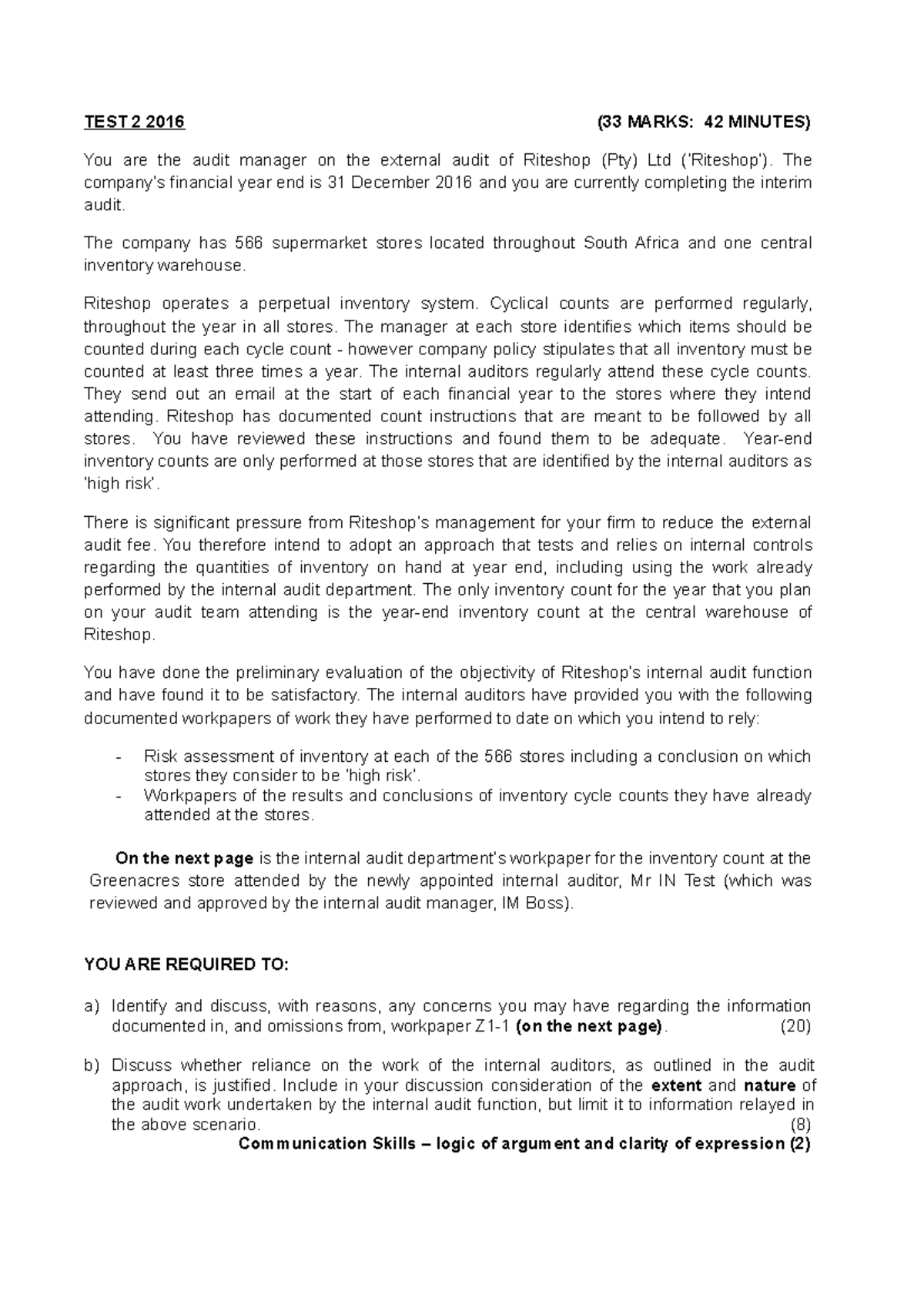 Test 2 2016 Q Internal audit , counts - TEST 2 2016 (33 MARKS: 42 ...
