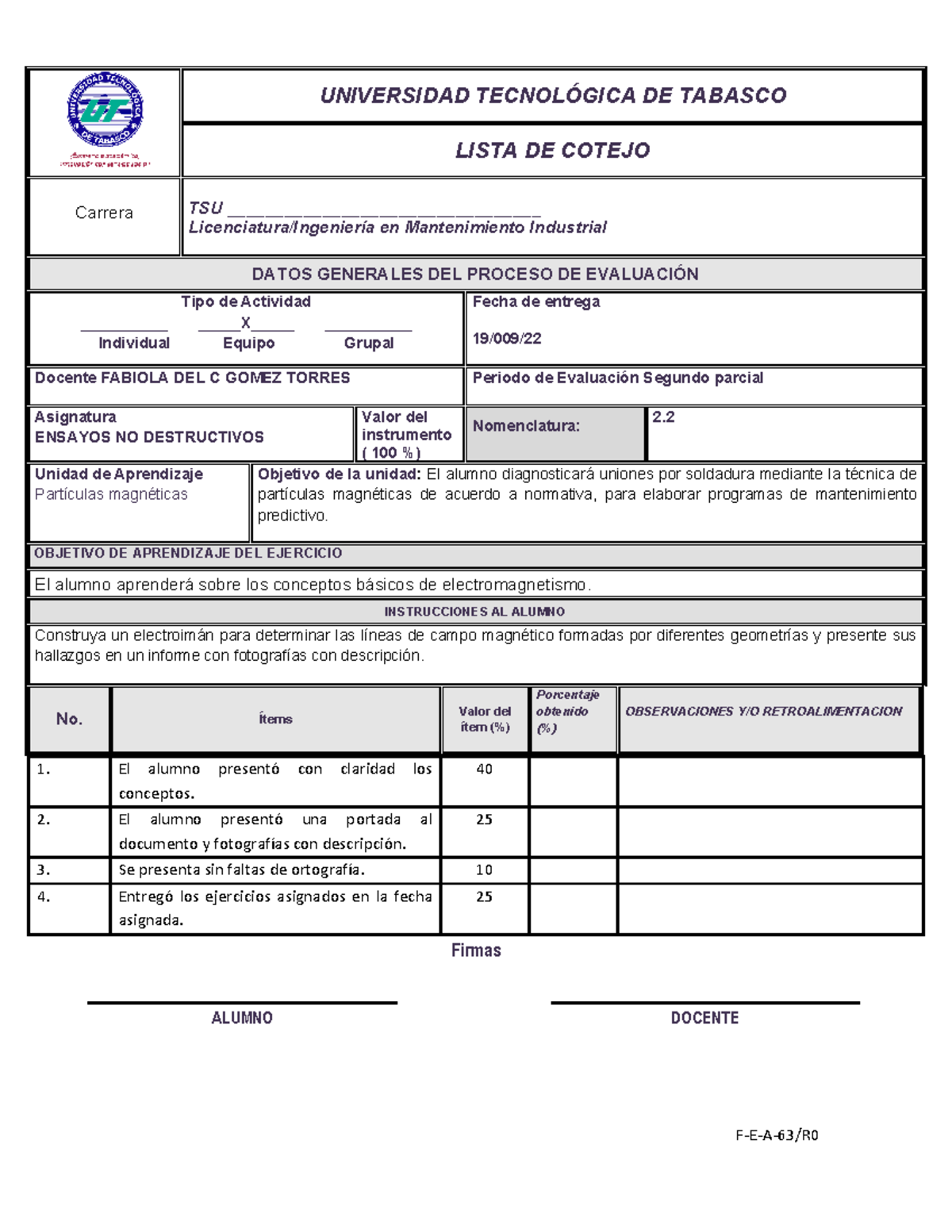 Reporte 4. Electroiman (equipo) - F-E-A-63/R UNIVERSIDAD TECNOLÓGICA DE ...