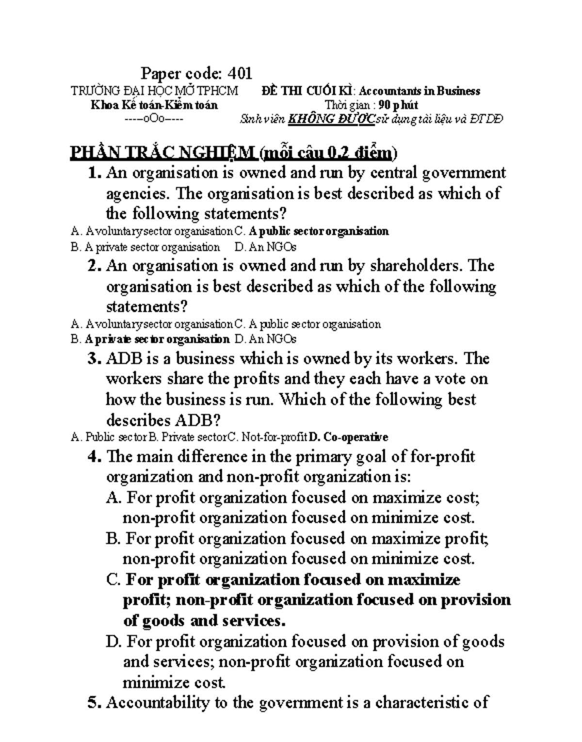 F1- Final-2020-401 - Paper code: 401 TRƯỜNG ĐẠI HỌC MỞ TPHCM Khoa Kế ...