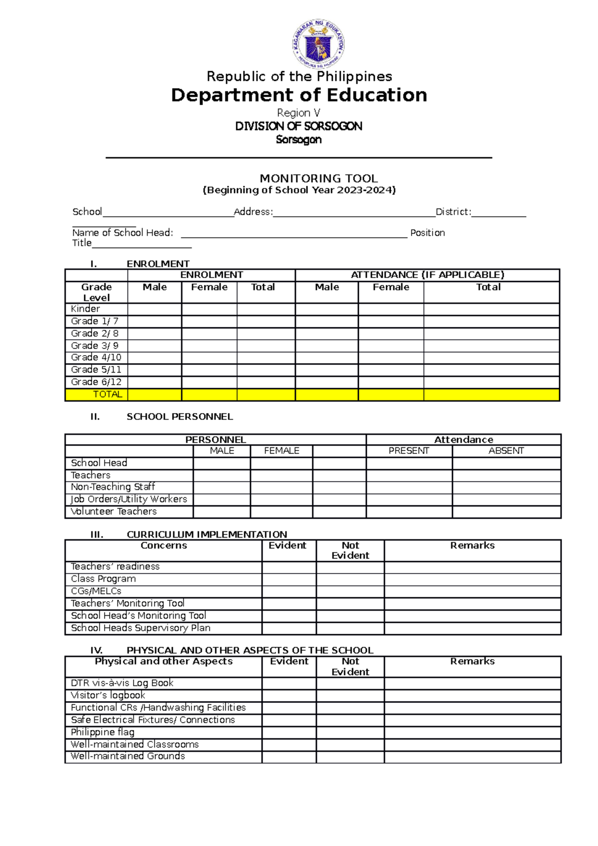 Monitoring-TOOL-2023 - Republic of the Philippines Department of ...