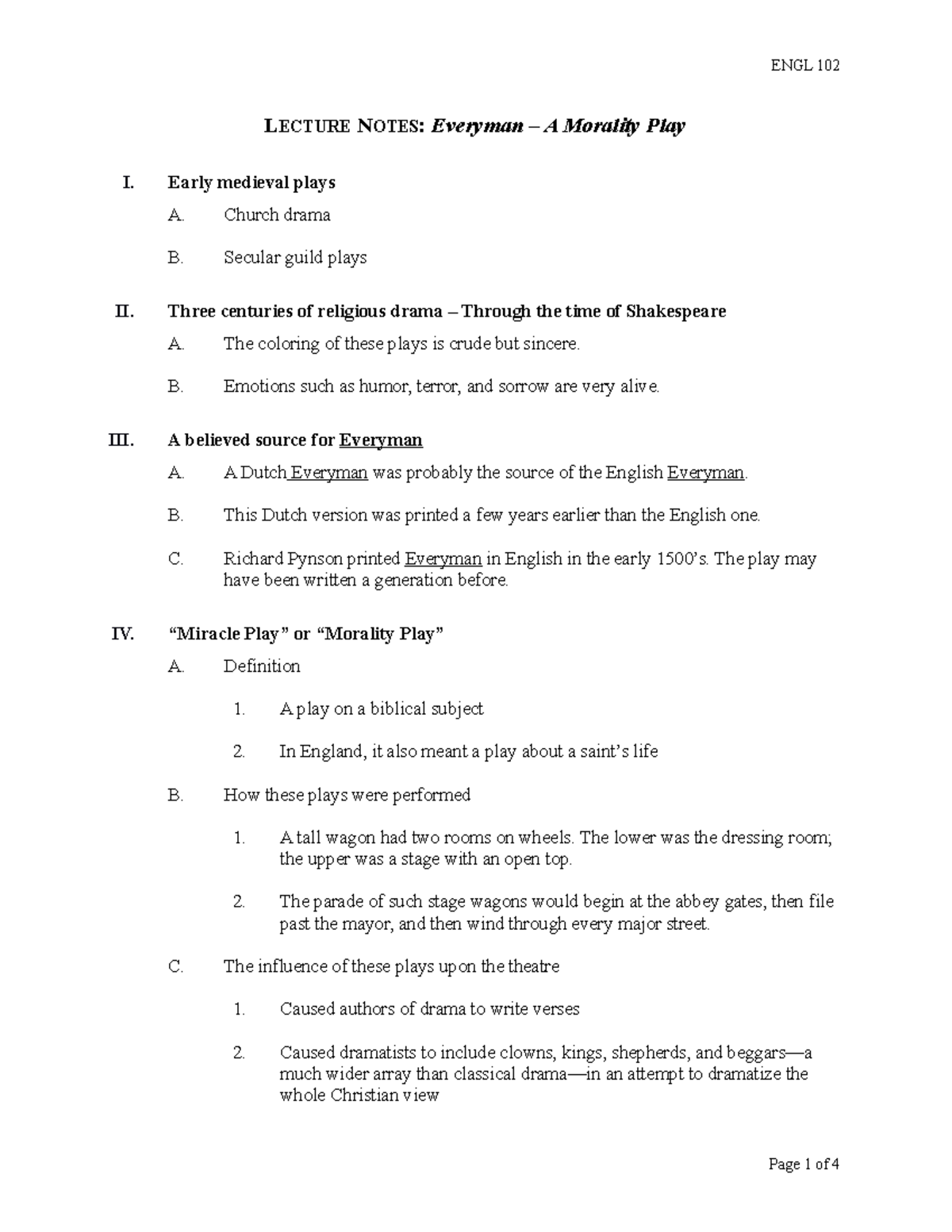 Lecture Notes Everyman – A Morality Play - LECTURE NOTES: Everyman – A ...