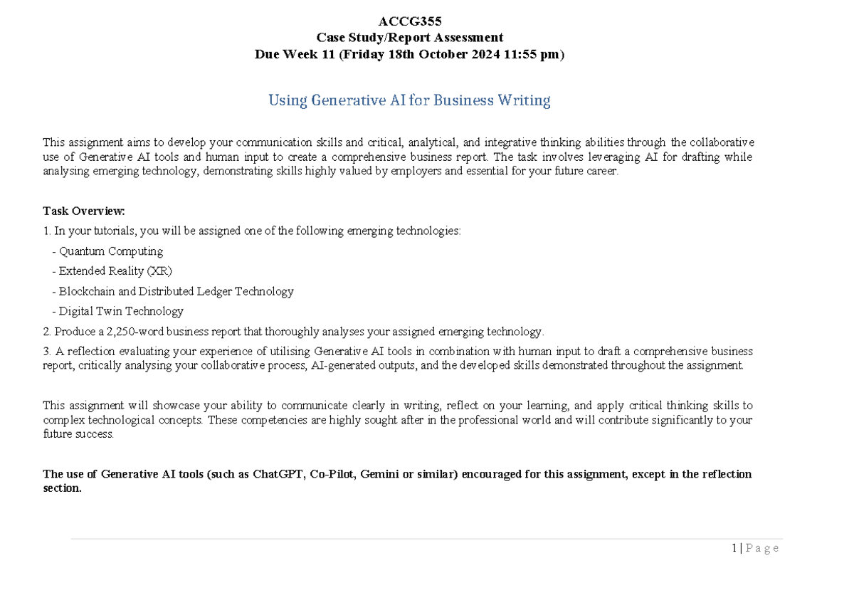 ACCG3055 Rubric Major Assignment S2 2024- Report 2 - Case Study/Report Assessment Due Week 11 ...