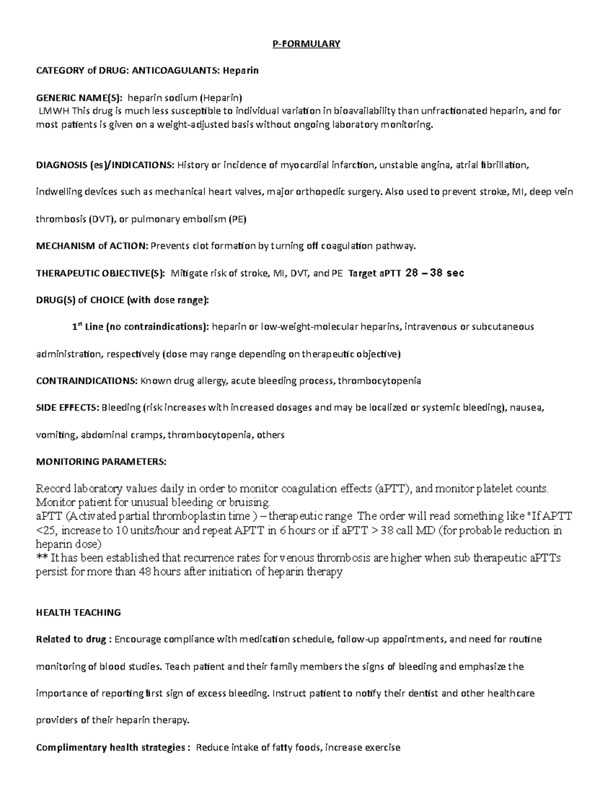 P formulary Anti Coagulants Heparin - P-FORMULARY CATEGORY of DRUG ...