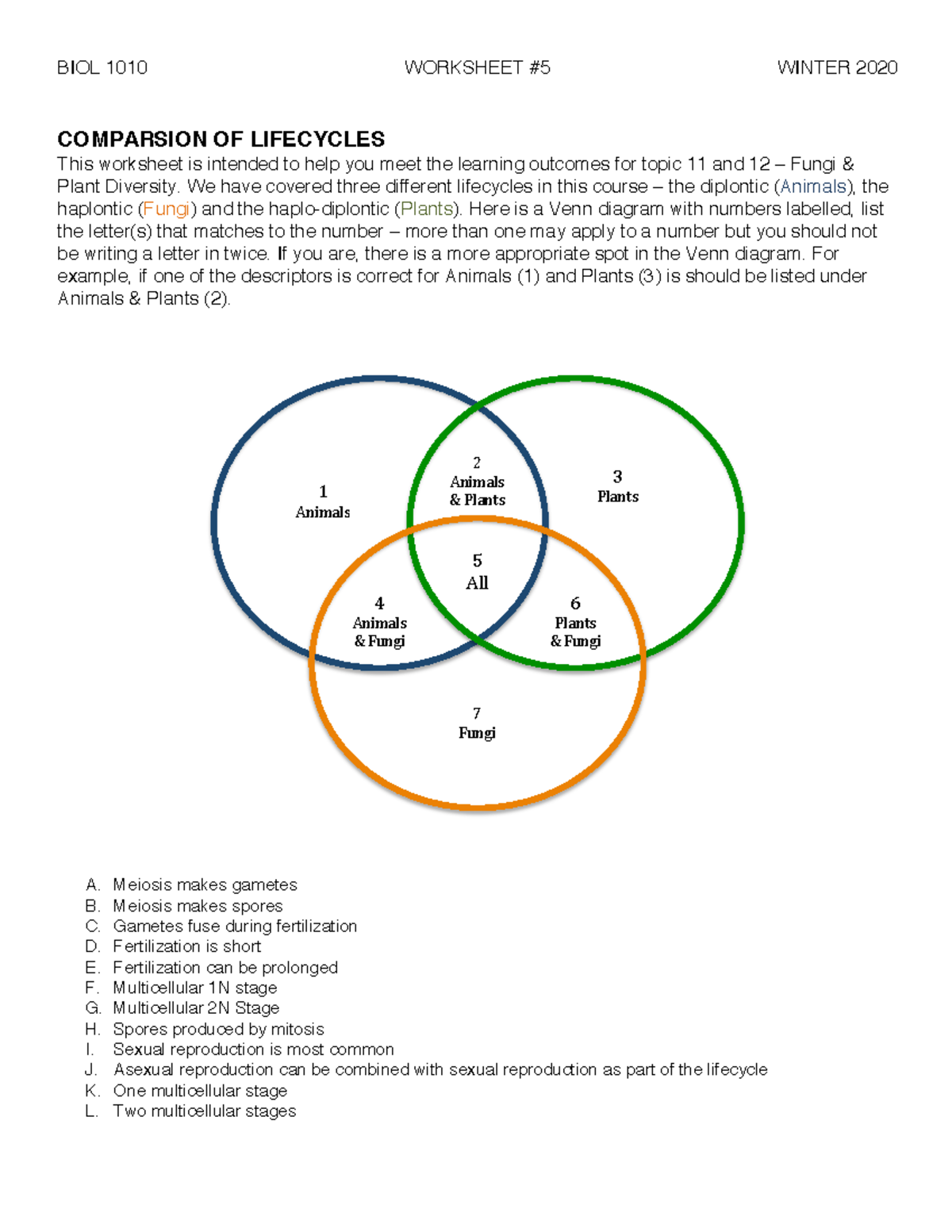 BIOL 1010 Worksheet 5 - BIOL 1010 WORKSHEET #5 WINTER 2020 COMPARSION ...