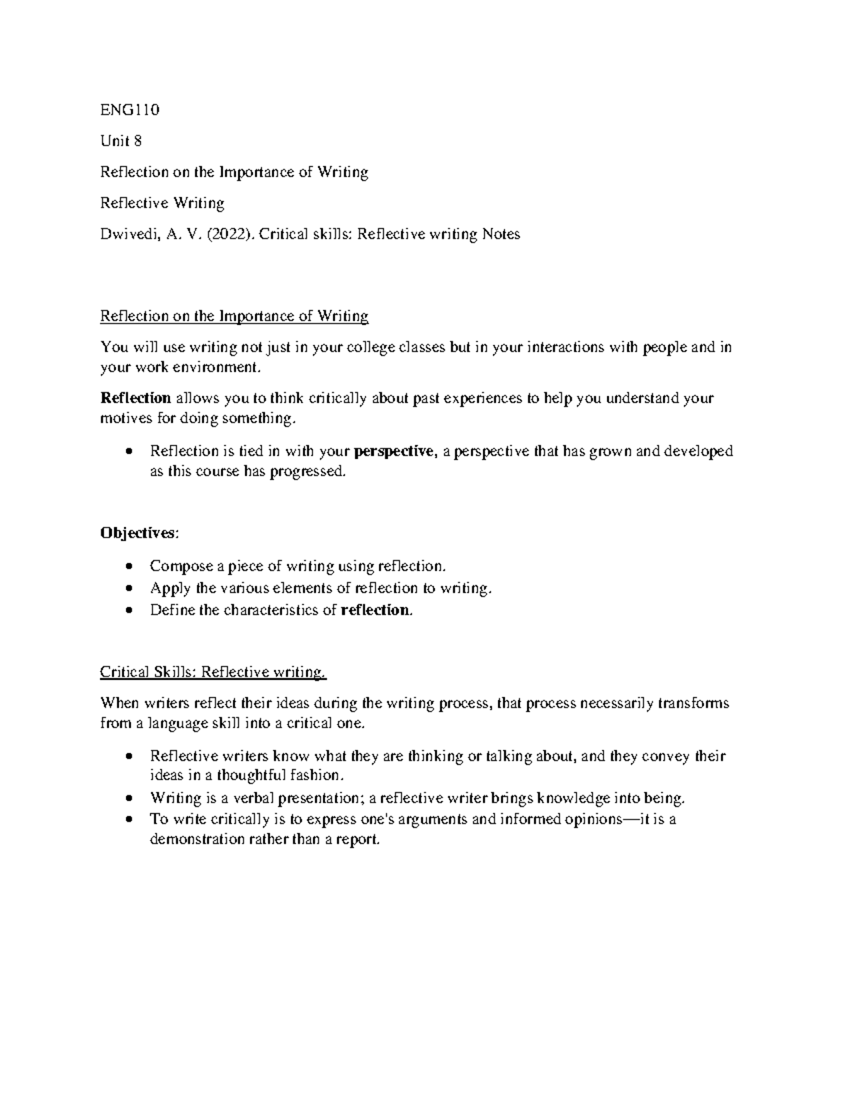 ENG110 Unit 8 Reflective Writing Critical skills Reflective writing ...