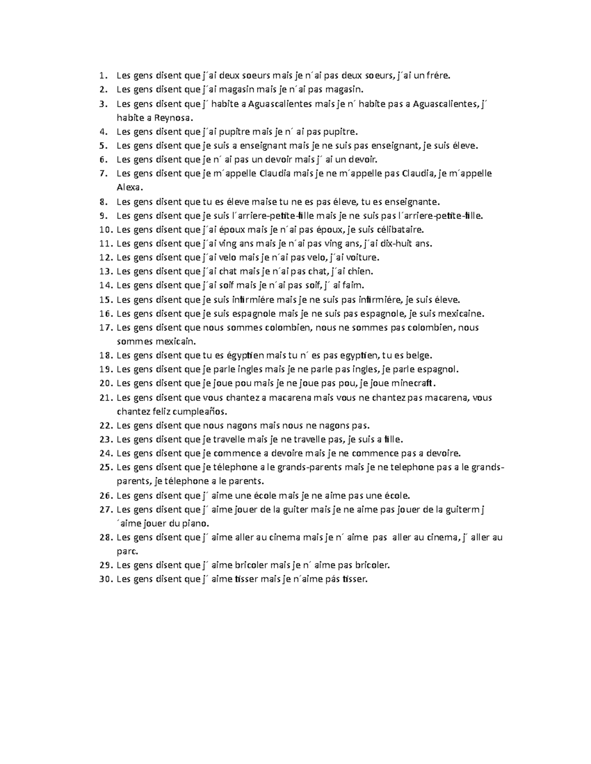 Devoire 2 - Tarea 2 de la clase de francés 1 - Les gens disent que j ...