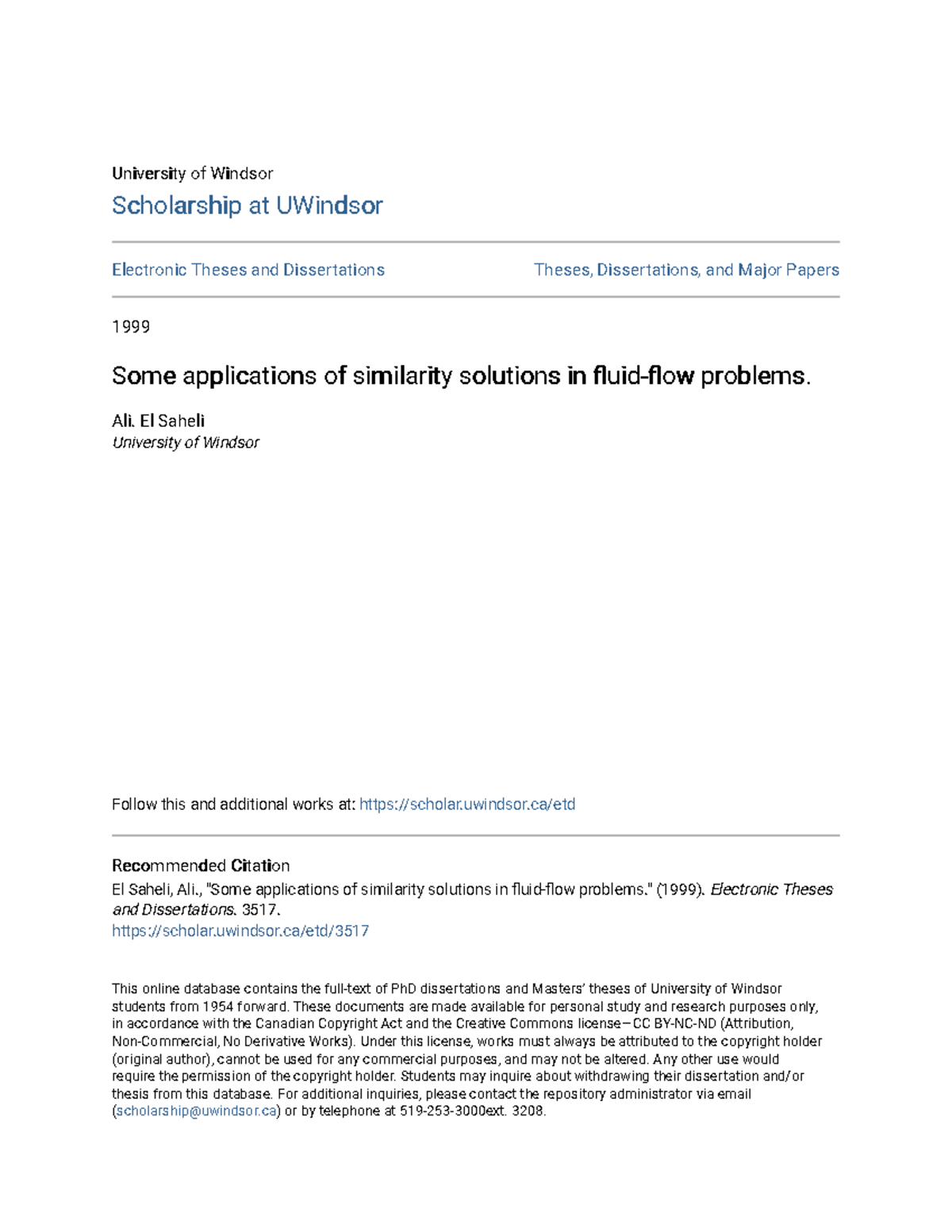 Some applications of similarity solutions in fluid-flow problems - Ali. El Saheli University of ...