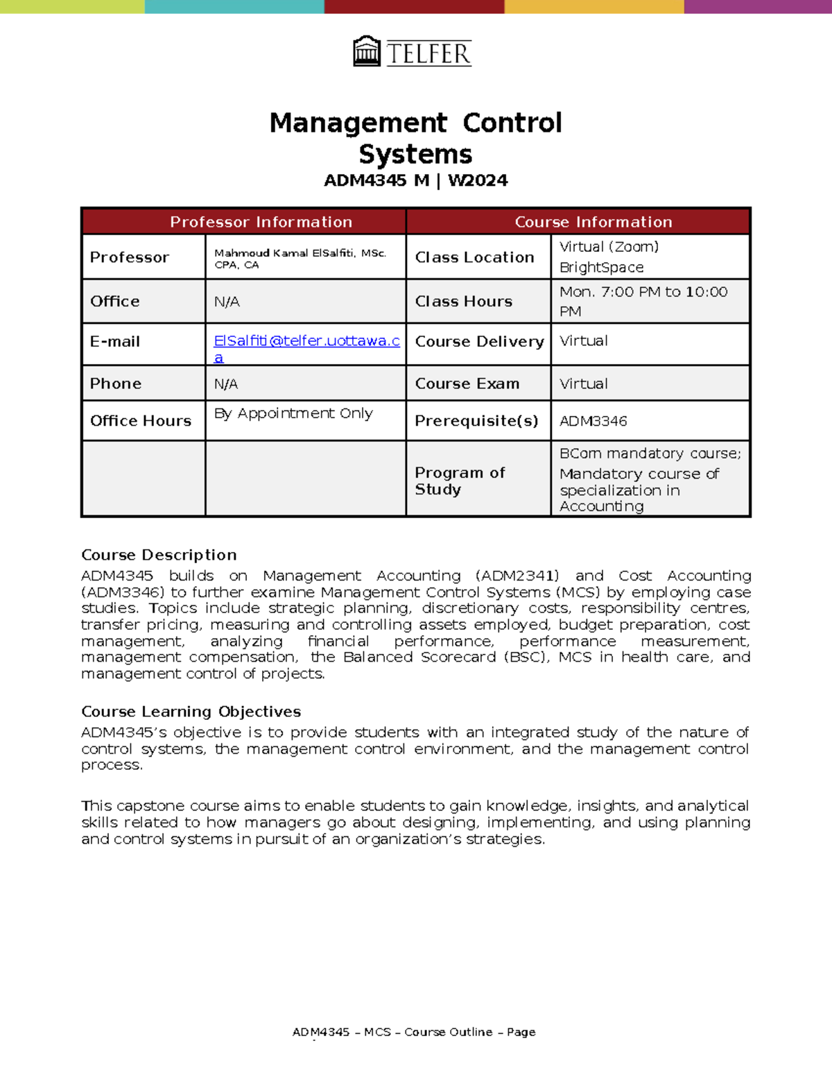 ADM4345 Winter 2024 Course Outline - ADM4345 – MCS – Course Outline – Page Management Control ...