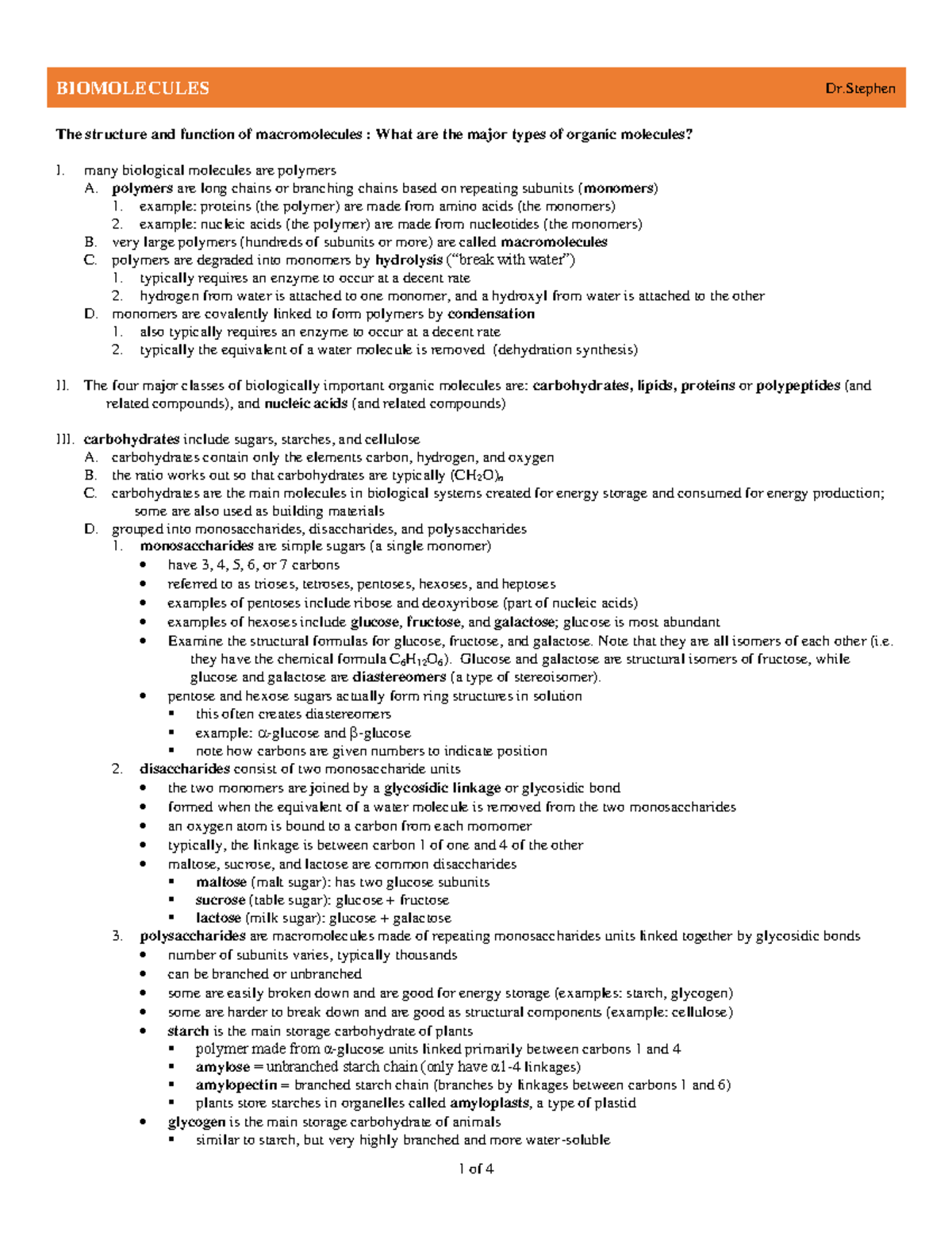 Biomol-Notes - class notes - The structure and function of ...