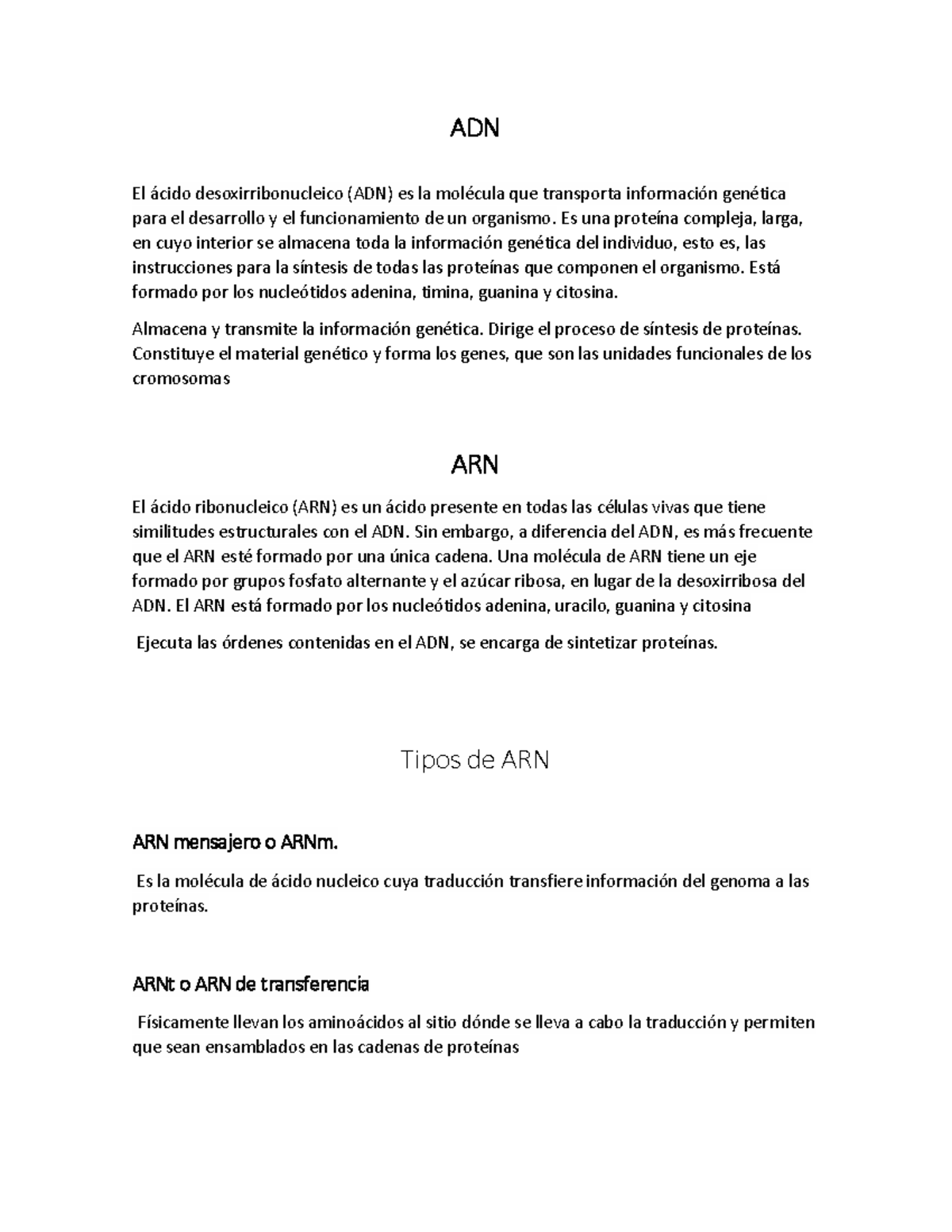 ADN Y ARN - conceptos y definiciones - ADN El ácido desoxirribonucleico ...